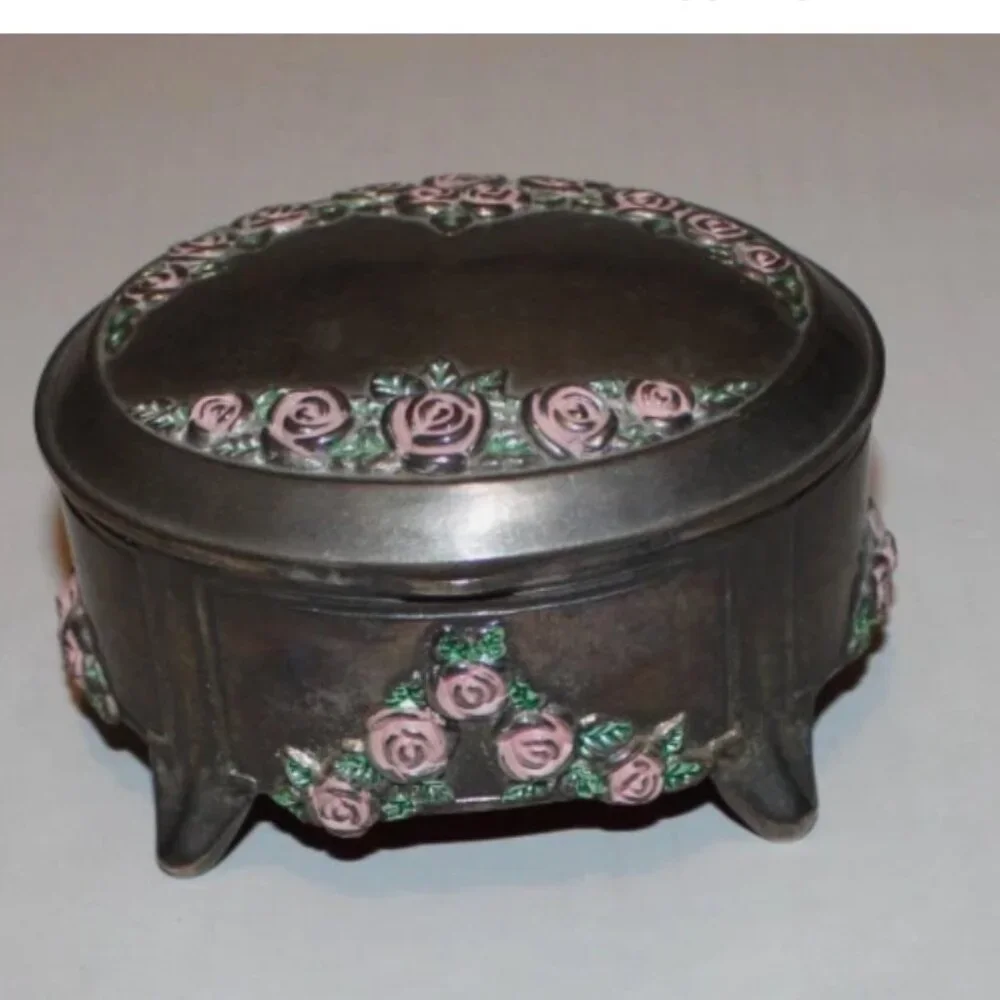Accents | Vintage Metal Footed Pink Rose Trinket Jewelry Box Red Velvet ...